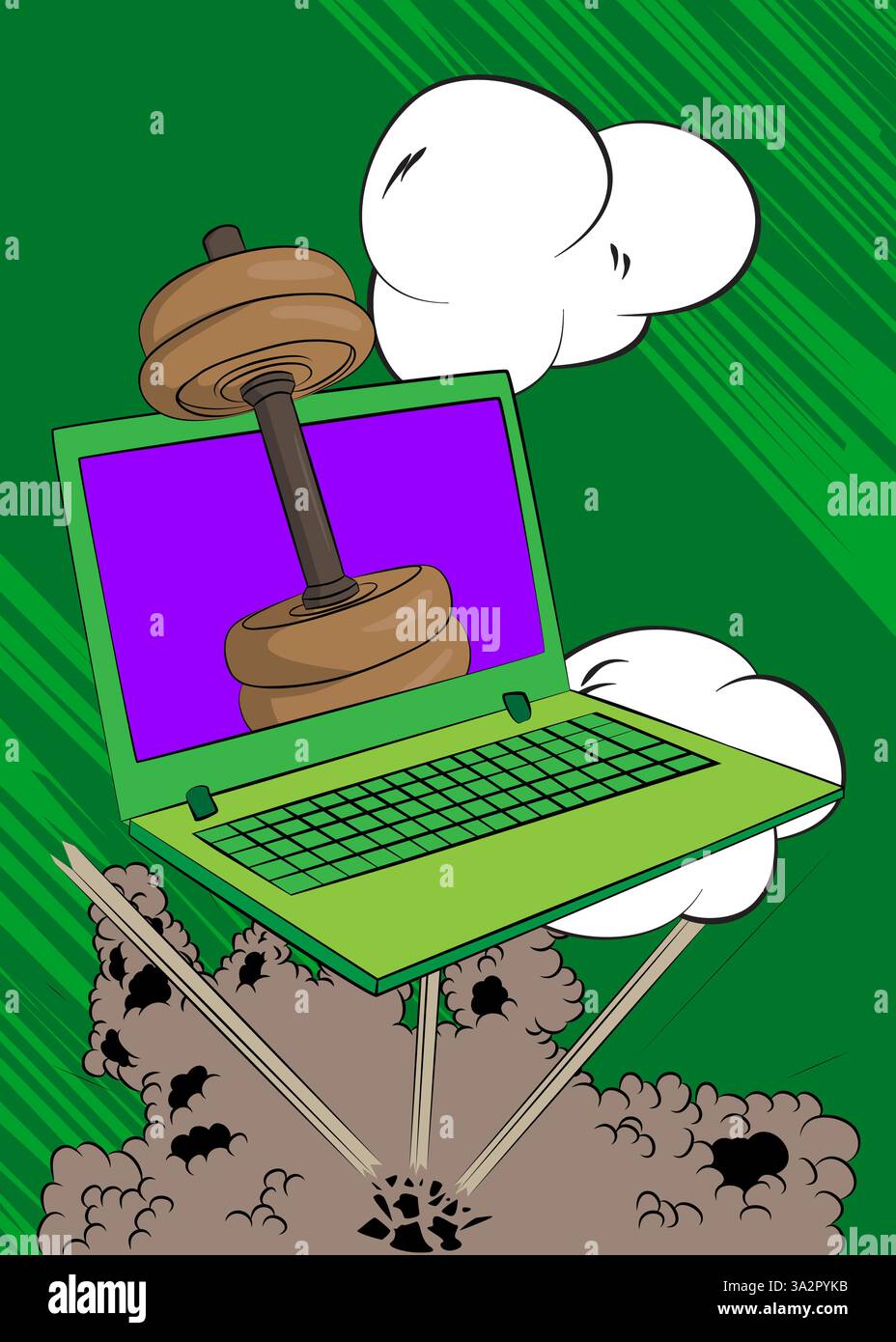 Cartoon Laptop, comic book Notebook with Dumbbell. Retro vector comics ...