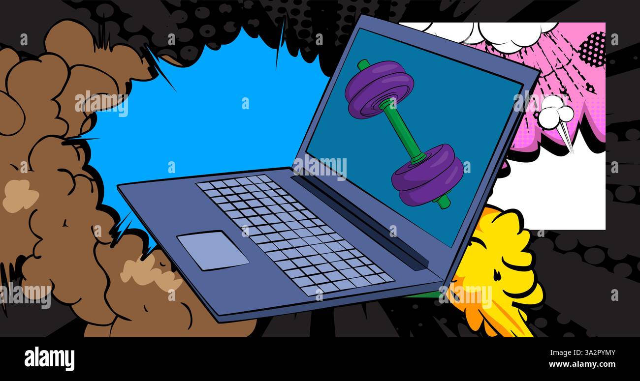Cartoon Laptop, comic book Notebook with Dumbbell. Retro vector comics ...