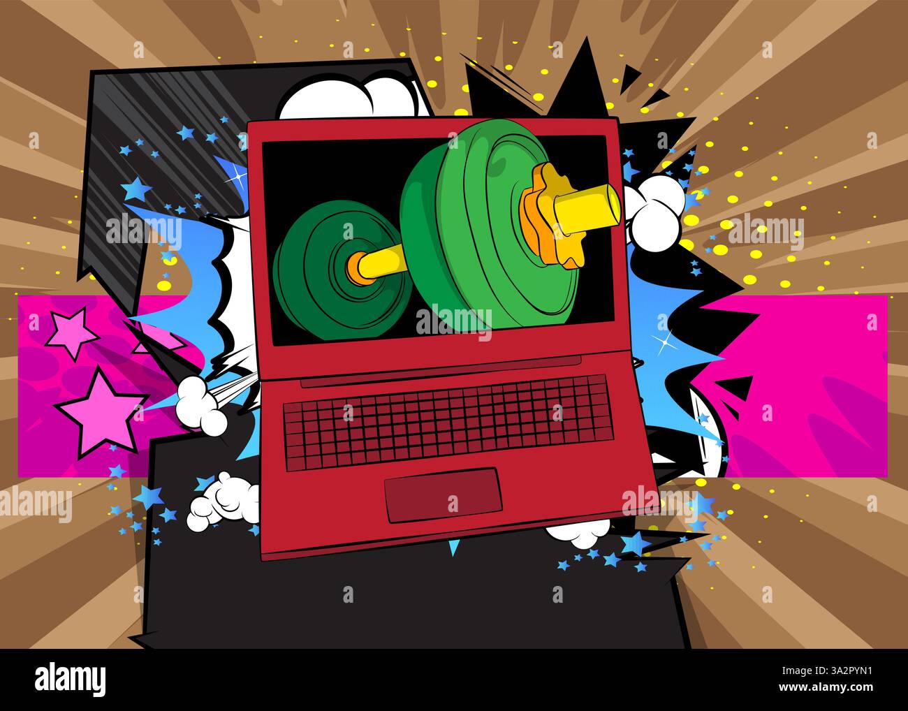 Cartoon Laptop, comic book Notebook with Dumbbell. Retro vector comics ...