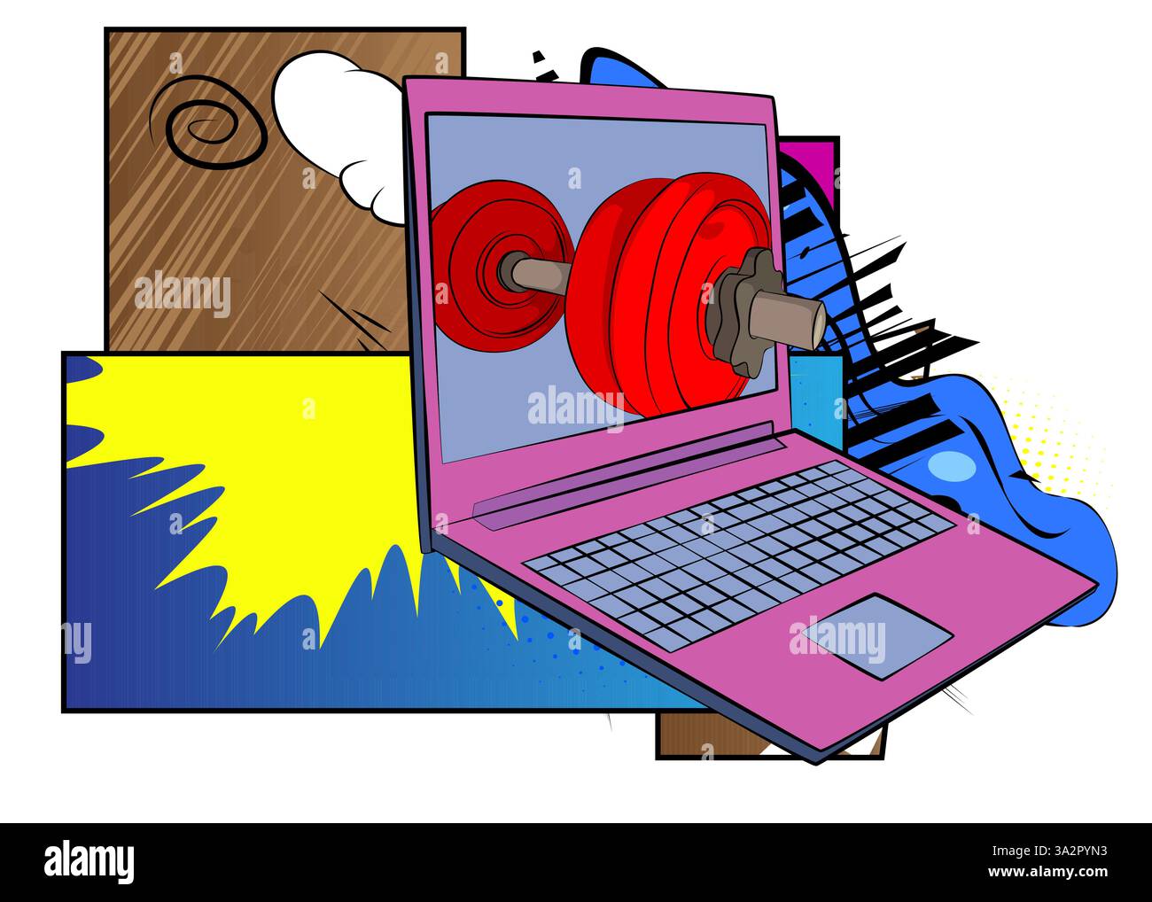Cartoon Laptop, comic book Notebook with Dumbbell. Retro vector comics ...