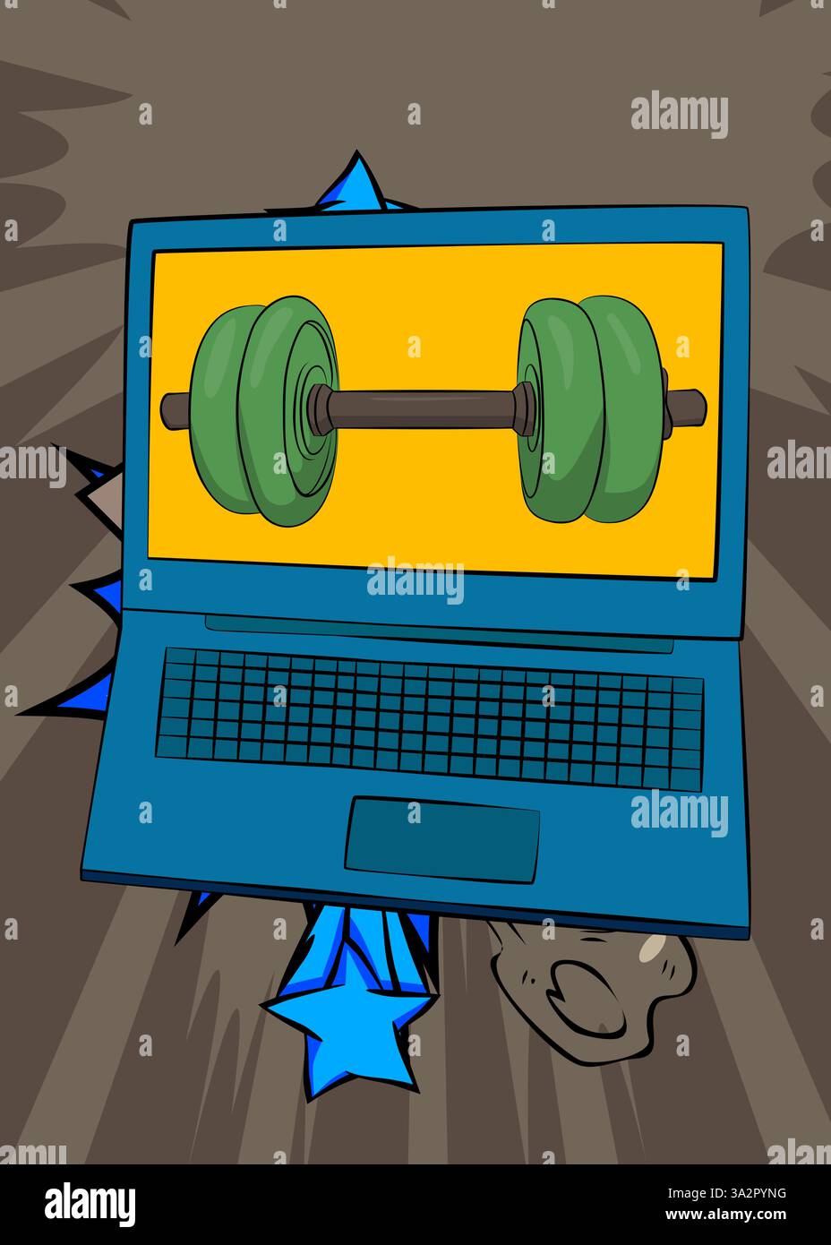 Cartoon Laptop, comic book Notebook with Dumbbell. Retro vector comics ...