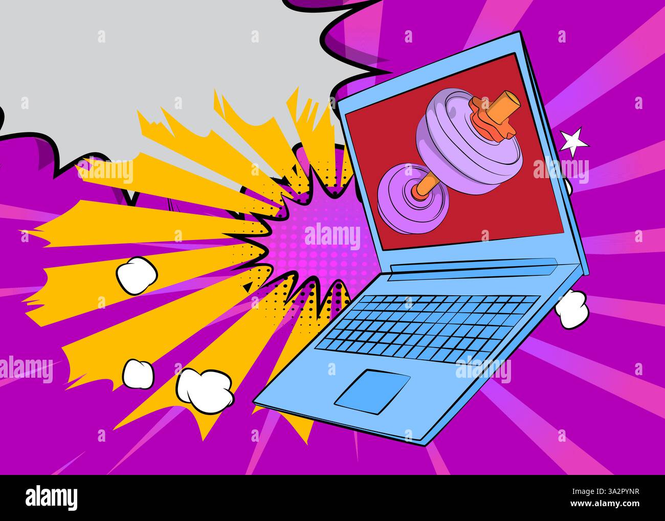 Cartoon Laptop, comic book Notebook with Dumbbell. Retro vector comics ...