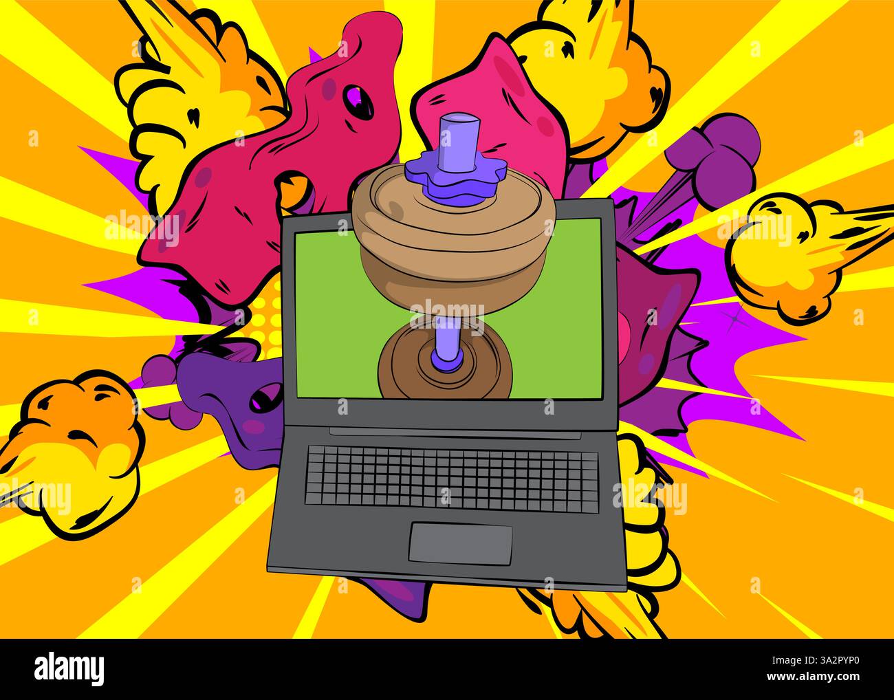 Cartoon Laptop, comic book Notebook with Dumbbell. Retro vector comics ...