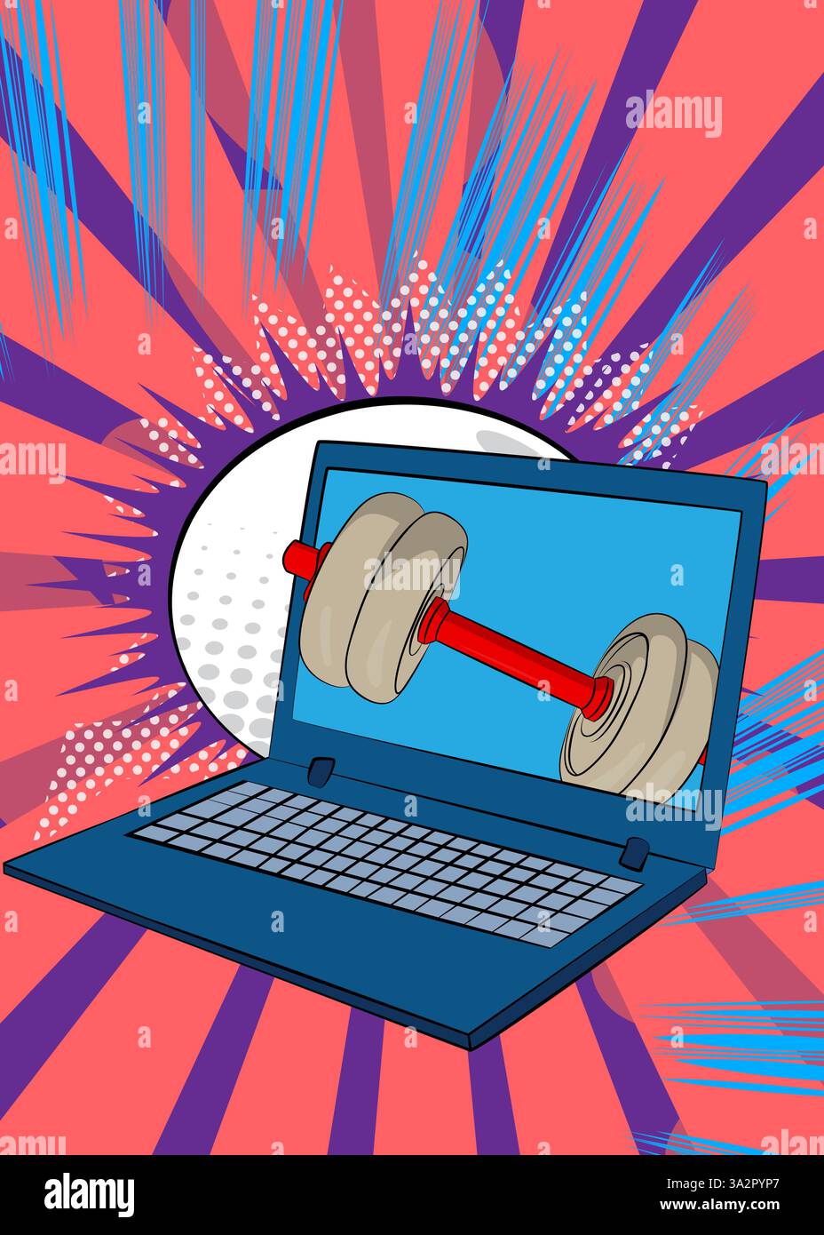 Cartoon Laptop, comic book Notebook with Dumbbell. Retro vector comics ...