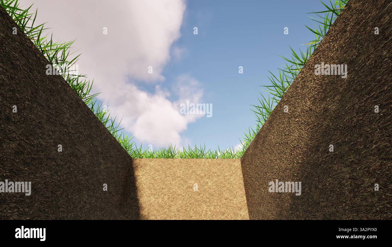 Grave pit cloudy sky rectangle hole underground 3d render Stock Photo ...