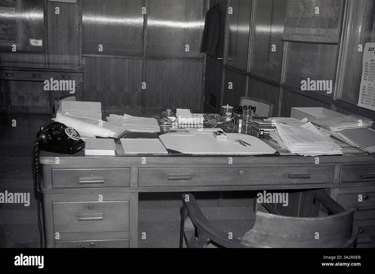 1960s, historical, view of a elegant wood-panelled office of the Ben ...