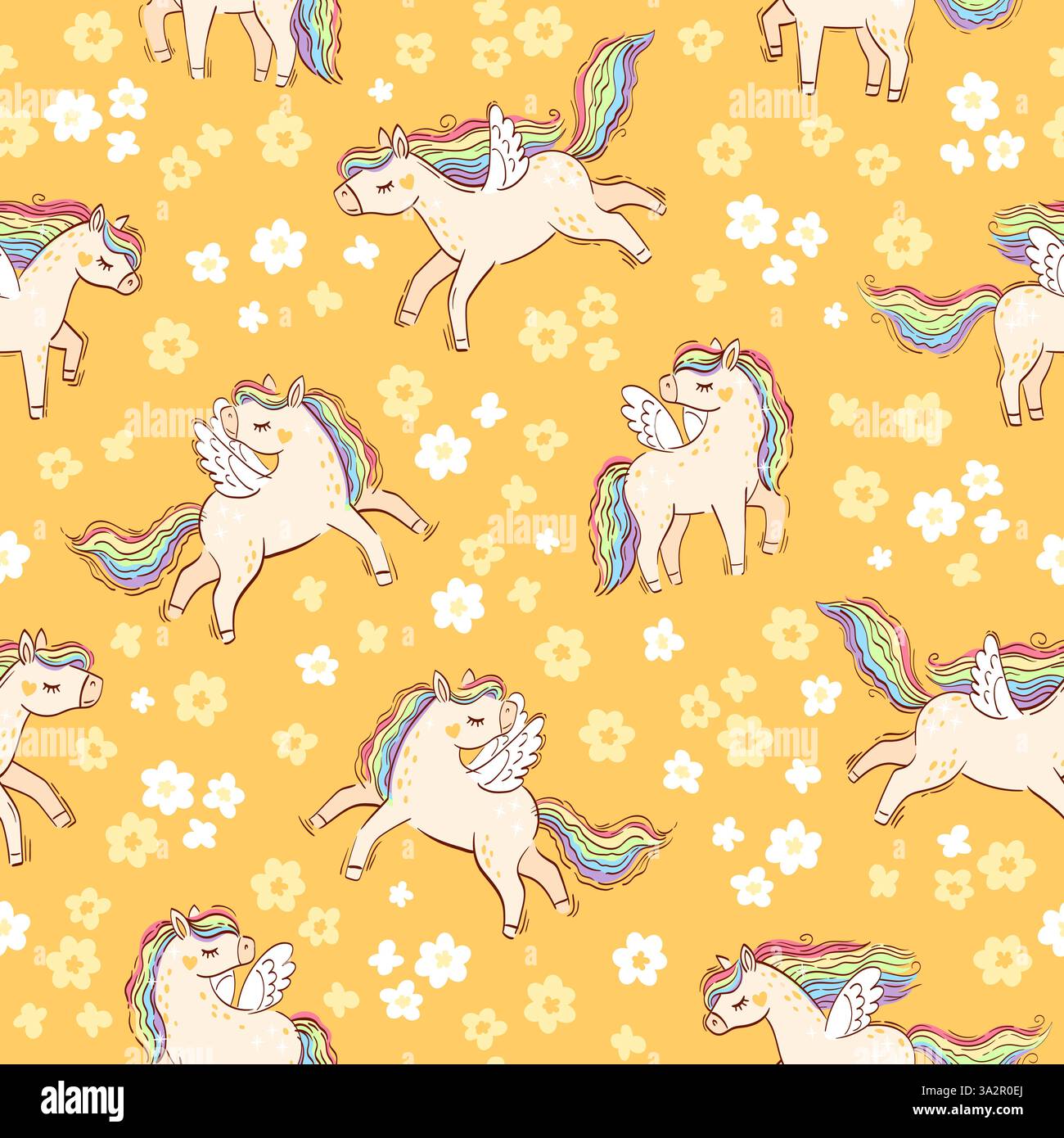 Rainbow unicorn. Hand drawn seamless pattern. Horse unicorn among pink ...