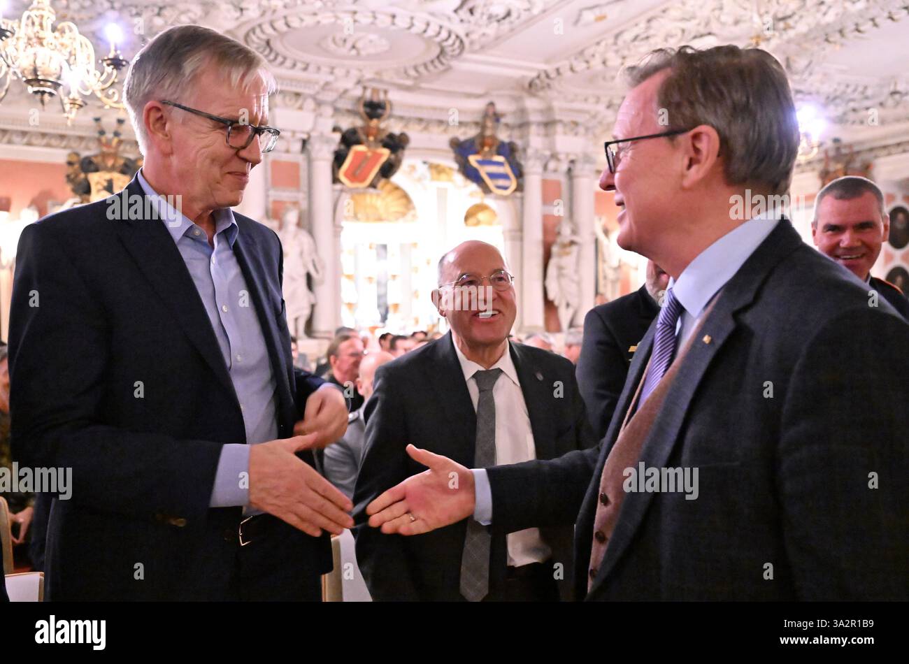 13 March 2025, Thuringia, Gotha: Bodo Ramelow (r, Die Linke), former ...