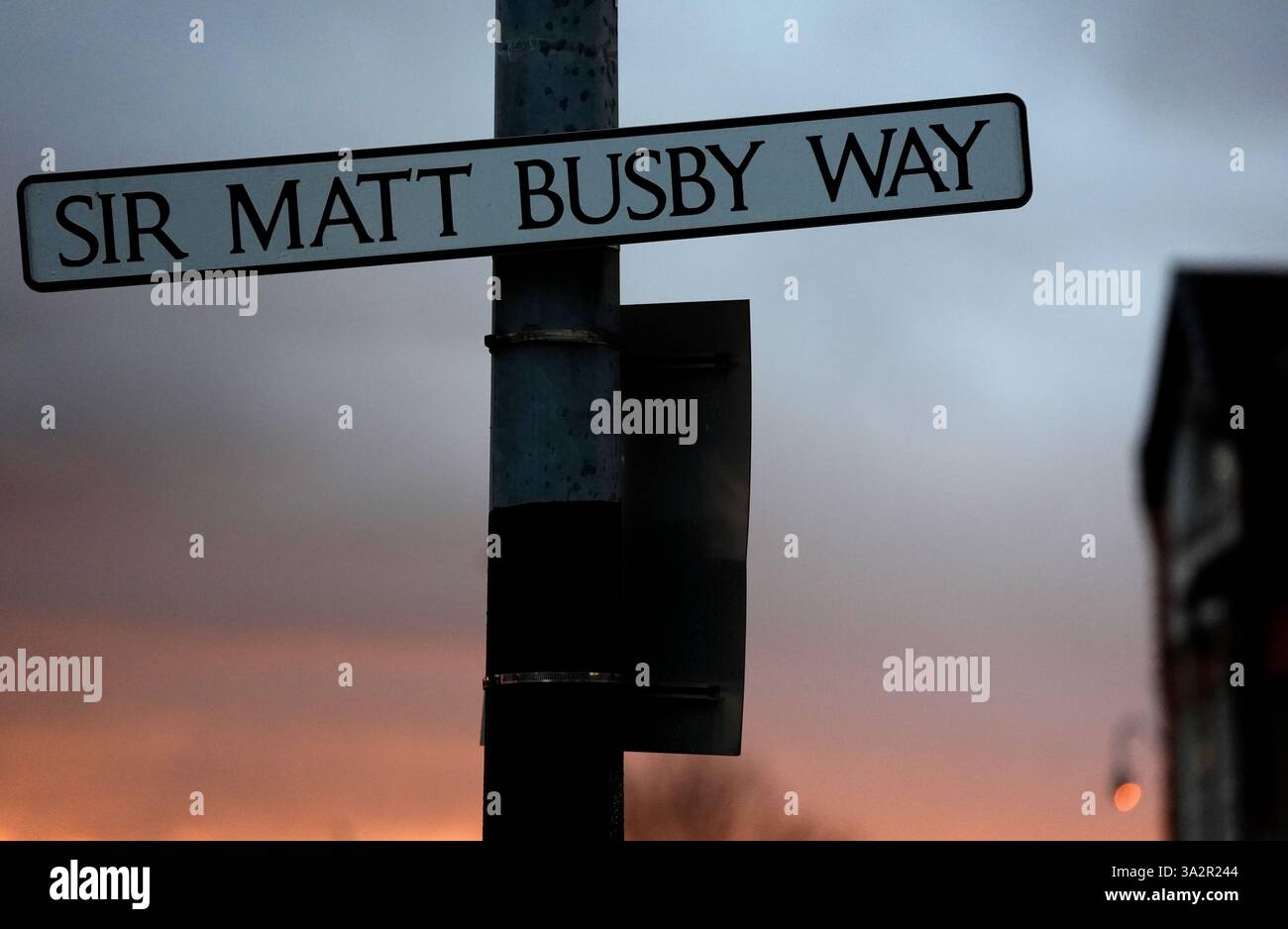 A view of the Sir Matt Busby Way sign near the stadium before the UEFA ...