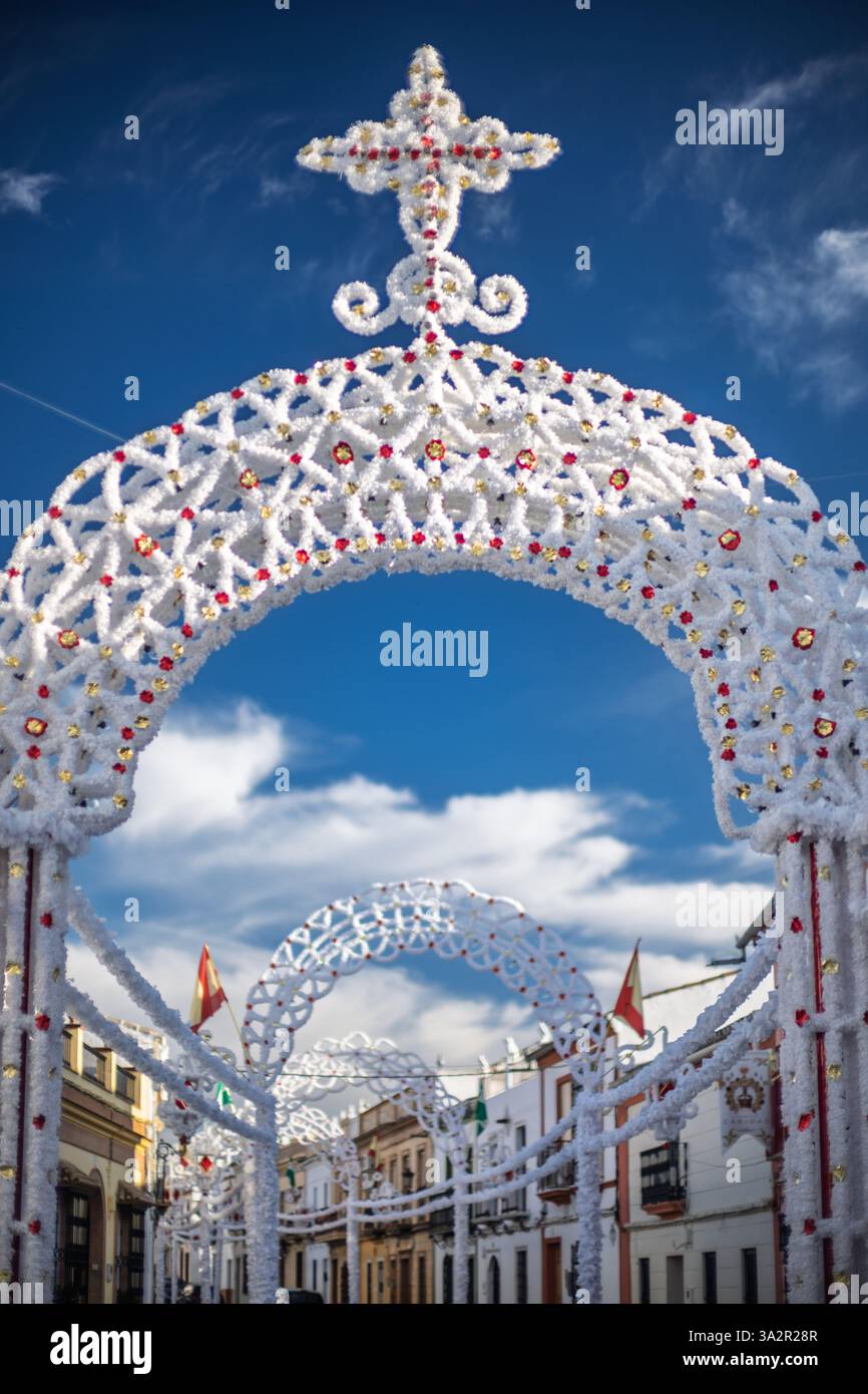 A street in Carrion de los Cespedes, Andalusia, Spain, is decorated ...