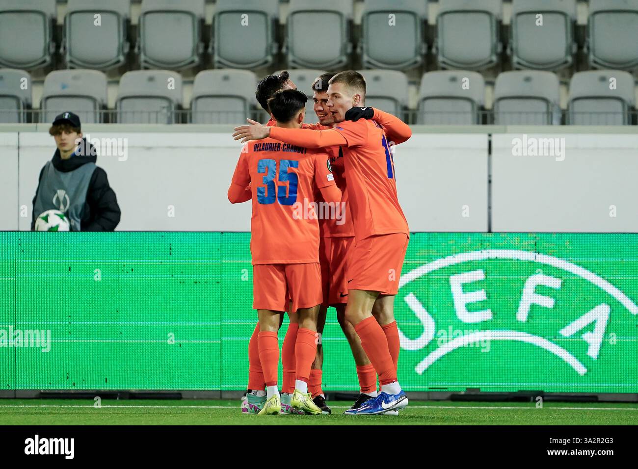 Thun, Switzerland. 13th Mar, 2025. Svit Selar (11 Celje) celebrates ...