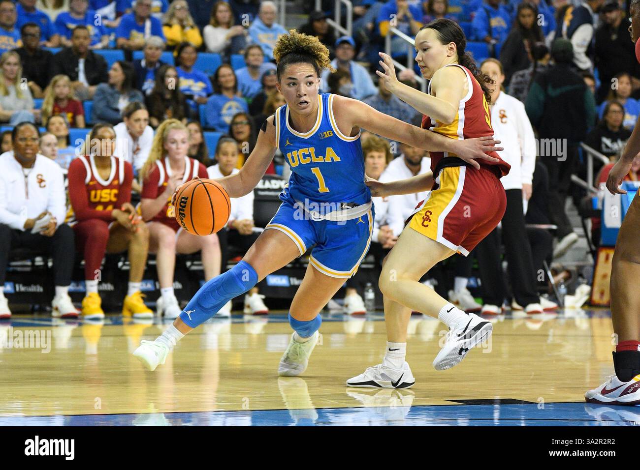 LOS ANGELES, CA - MARCH 01: UCLA Bruins guard Kiki Rice (1) drives to ...