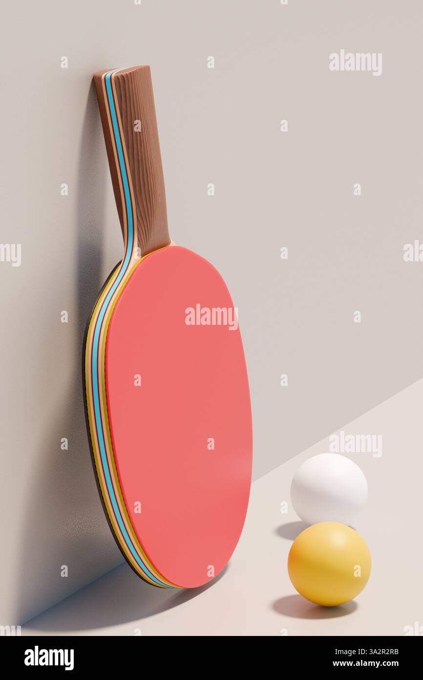A colorful ping pong paddle and two balls, perfect for a fun game of ...