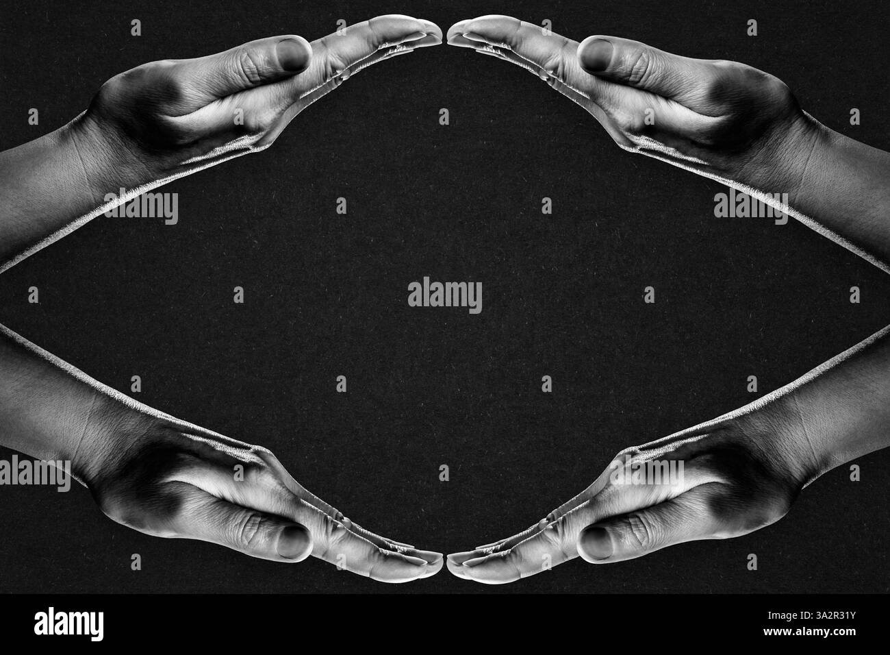 Hands in Black and White Forming Empty Framel Sign on Black Textured Background with Copy Space ...
