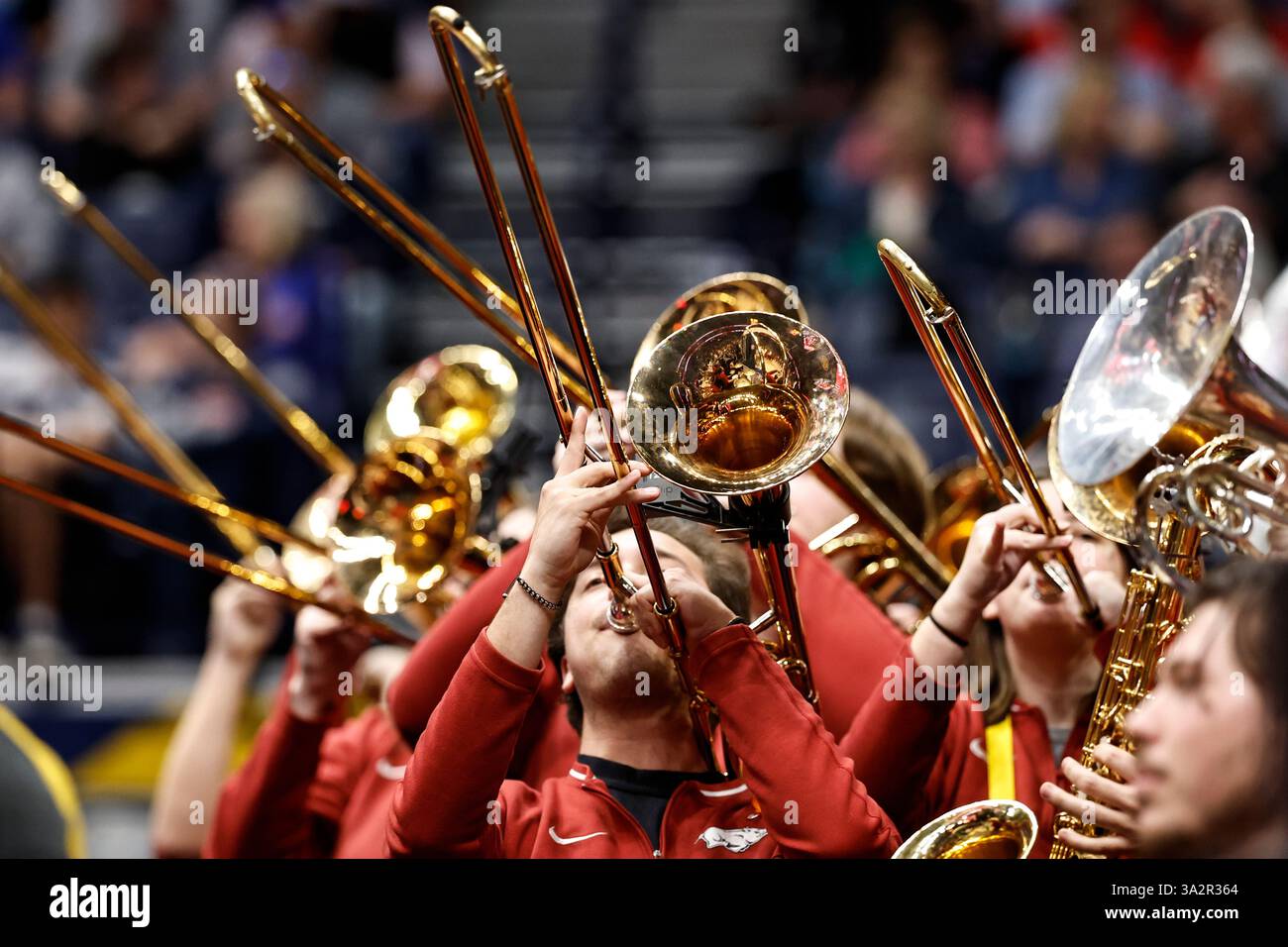 The Arkansas band play during the second half of an NCAA college ...