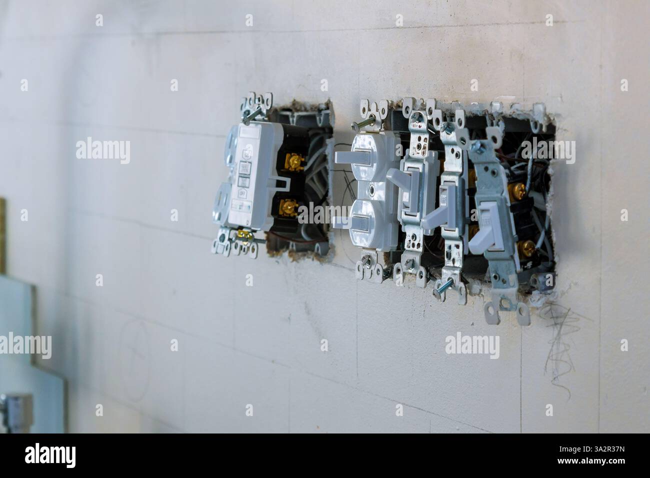 Several electrical circuit breakers are mounted on wall in utility ...