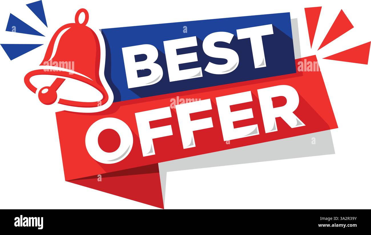 Advertising sticker best offer with bell on ribbon. Text template for ...