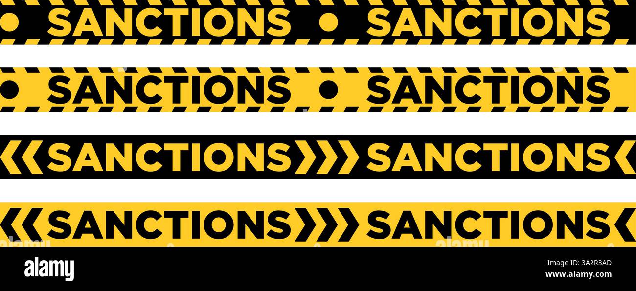 Yellow warning tapes inscription SANCTIONS. Seamless warning caution ...