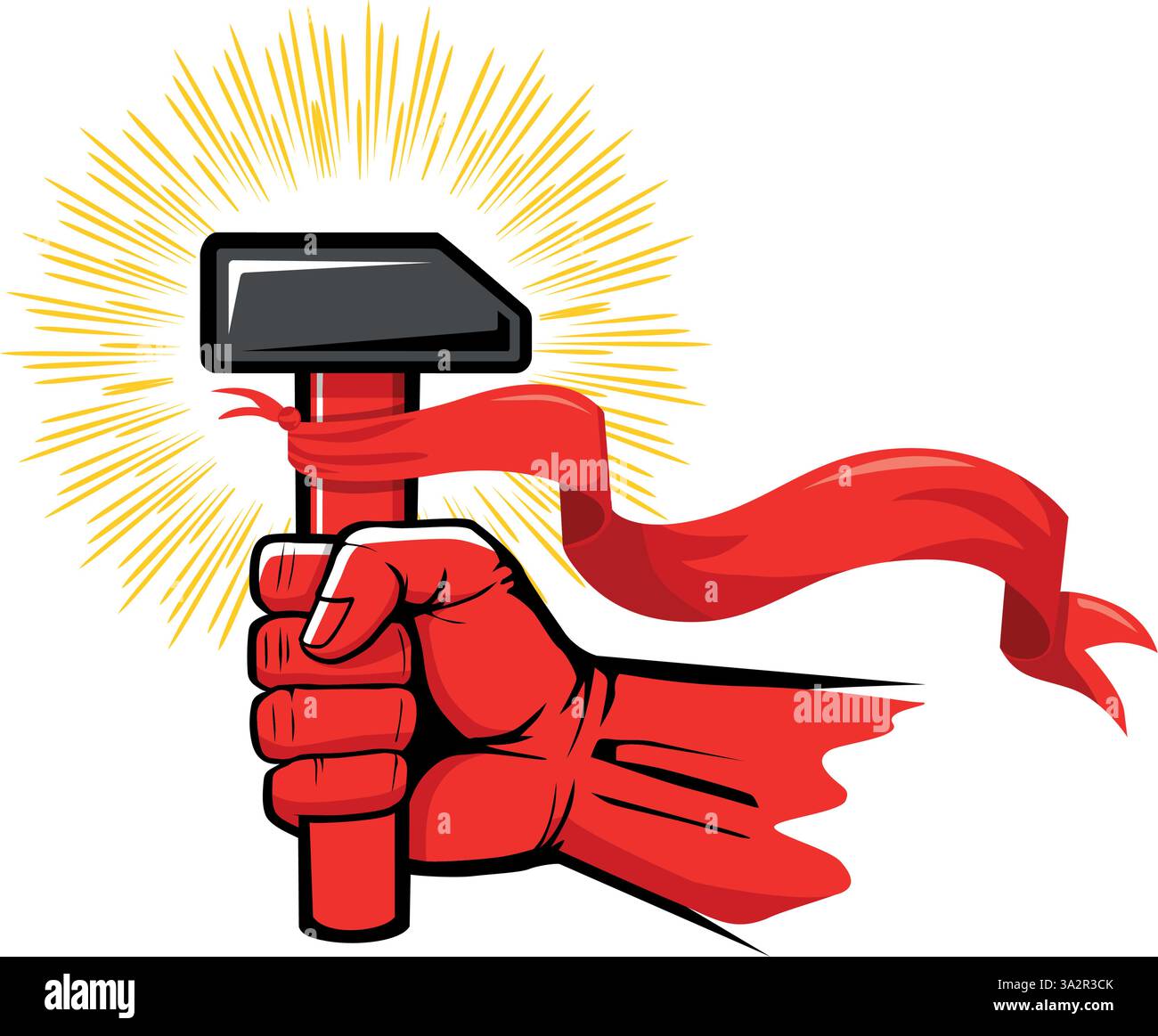 May Day red fist with hammer and flag. Labour Day vector template for ...