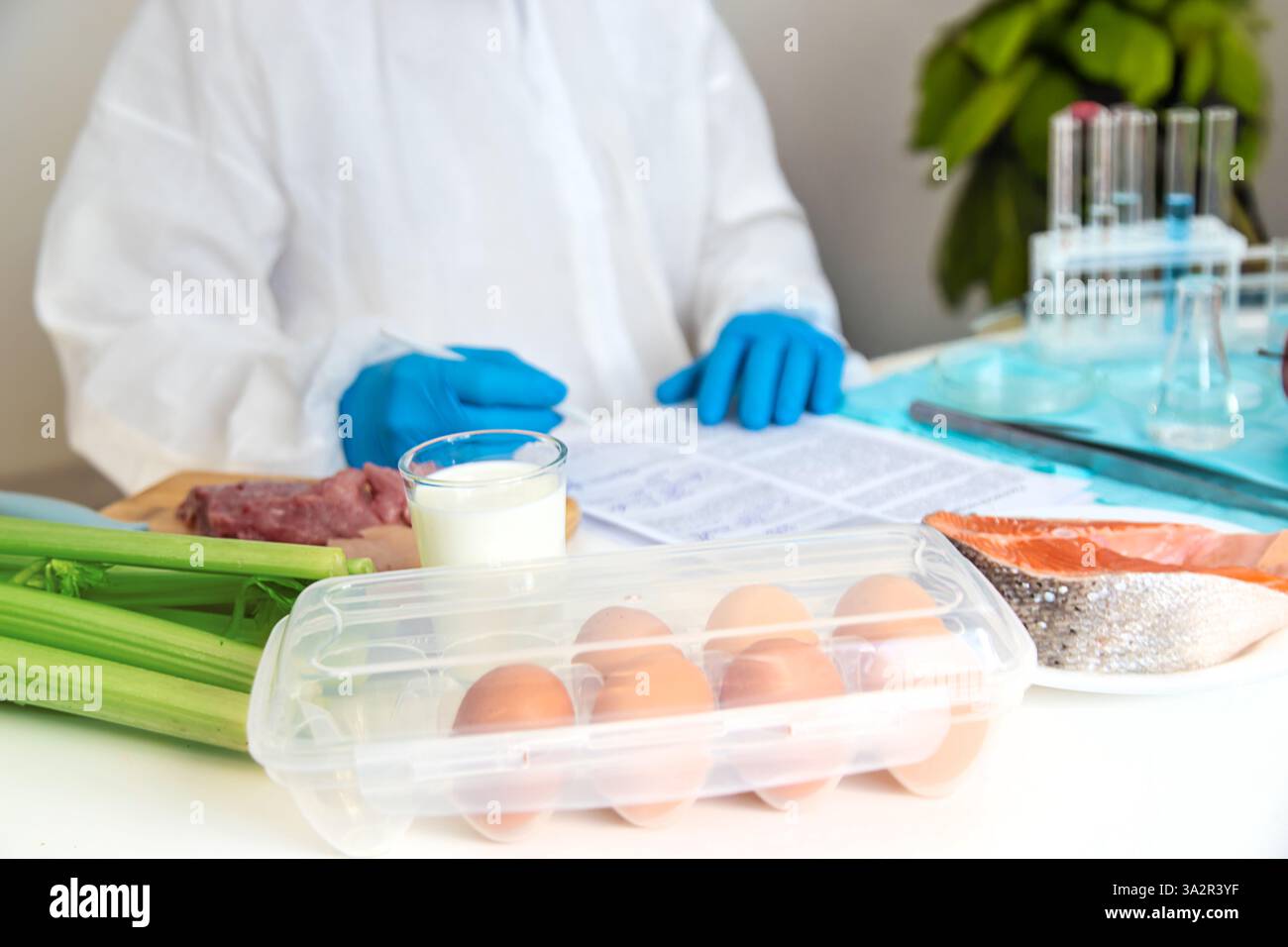 laboratory testing of different food products. Selective focus. people ...