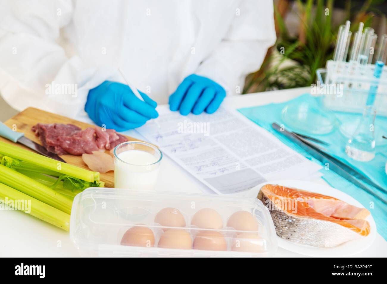 laboratory testing of different food products. Selective focus. people ...