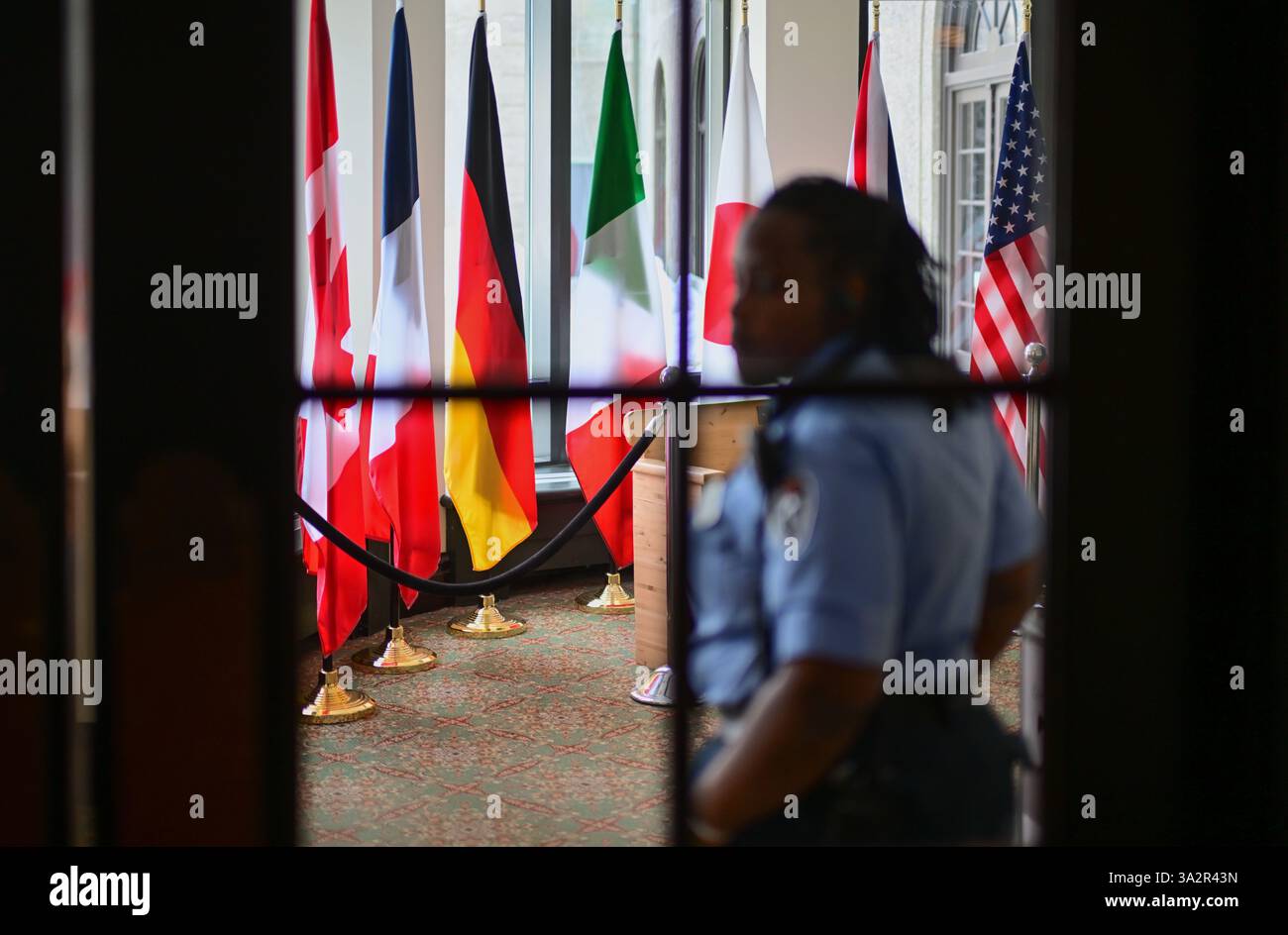 Charlevoix, Canada. 13th Mar, 2025. The flags of the G7 countries stand ...