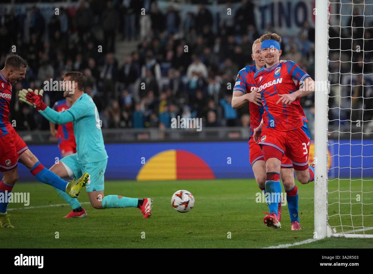 Plzen's Pavel Sulc celebrates after scoring his side's first goal ...