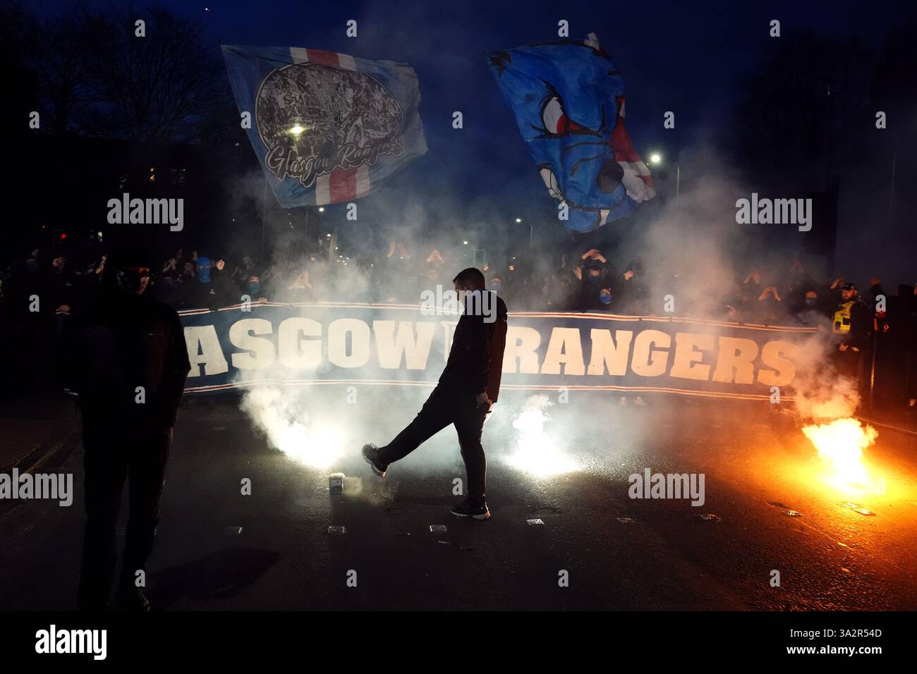 Rangers fans march to the ground ahead of the UEFA Europa League round ...