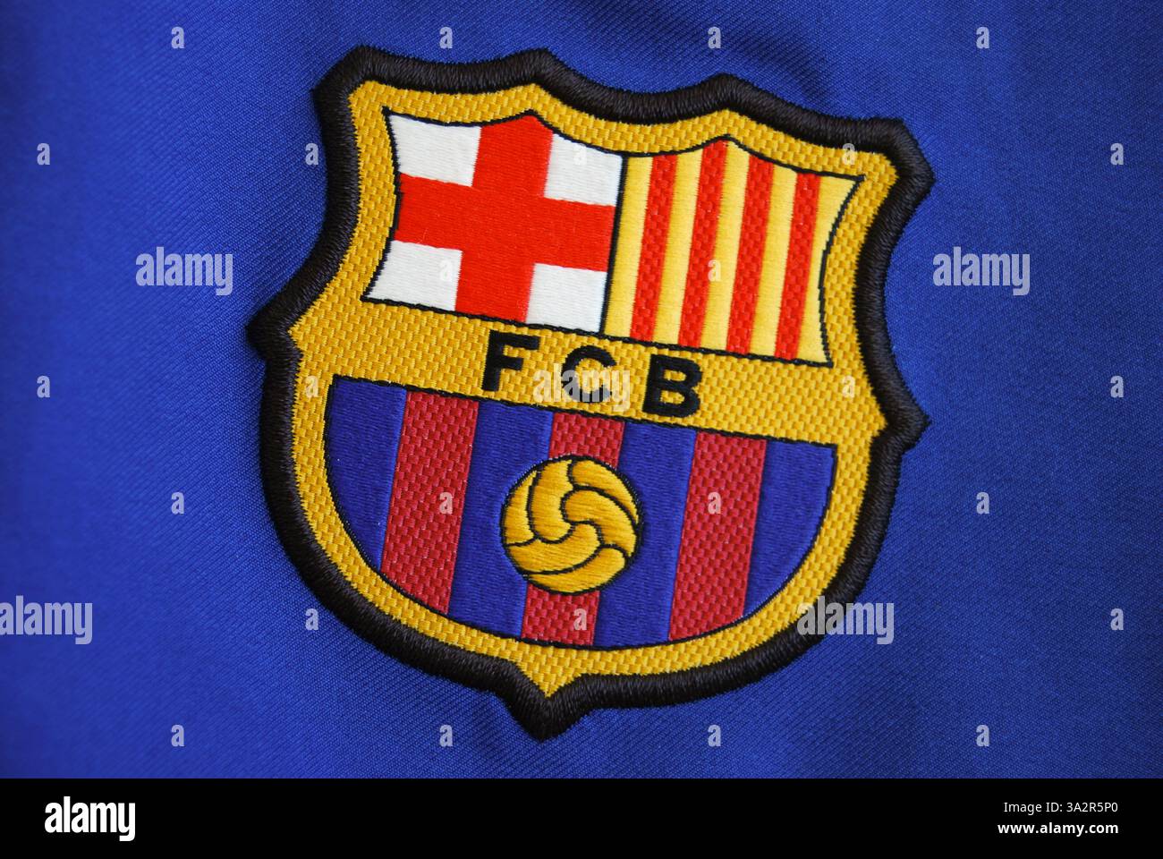 Close up photo of FC Barcelona club badge on the home shorts Stock ...