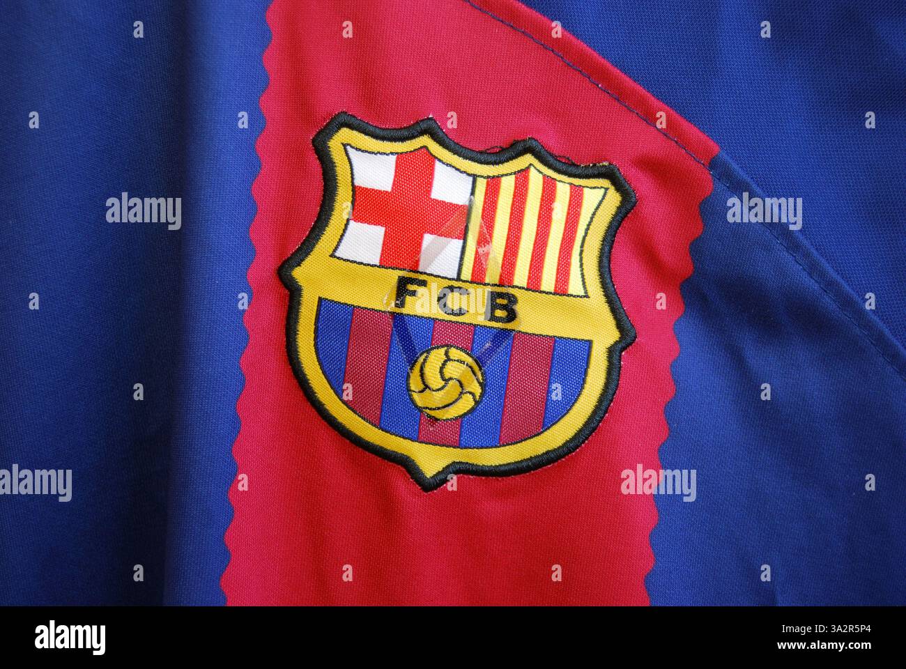 Close up photo of FC Barcelona club badge on the home shirt Stock Photo ...