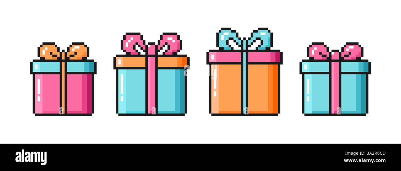 Set of gift boxes with colorful ribbon bows in pixel art style ...