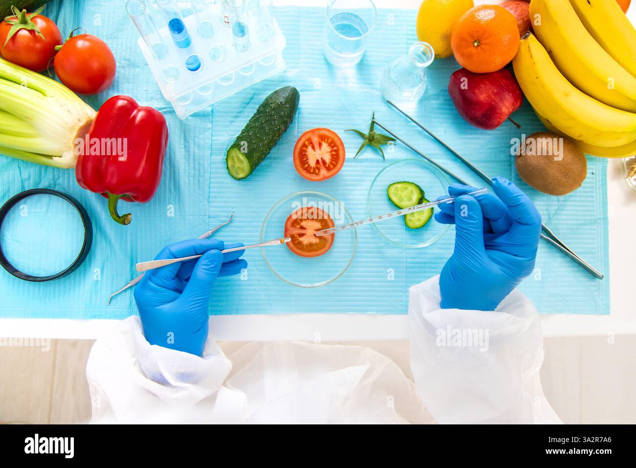 laboratory testing of different food products. Selective focus. people ...