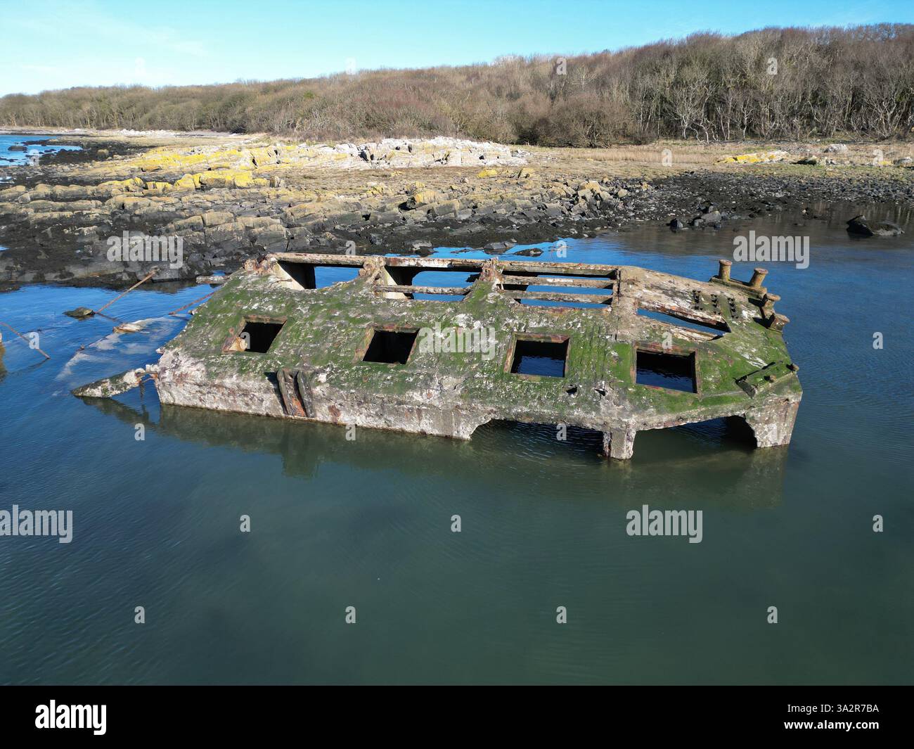 Garlieston Scotland UK - aerial drone view of a Beetle pontoon part of ...
