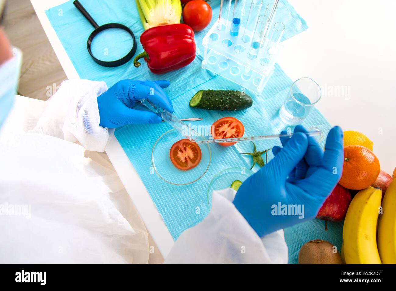laboratory testing of different food products. Selective focus. people ...