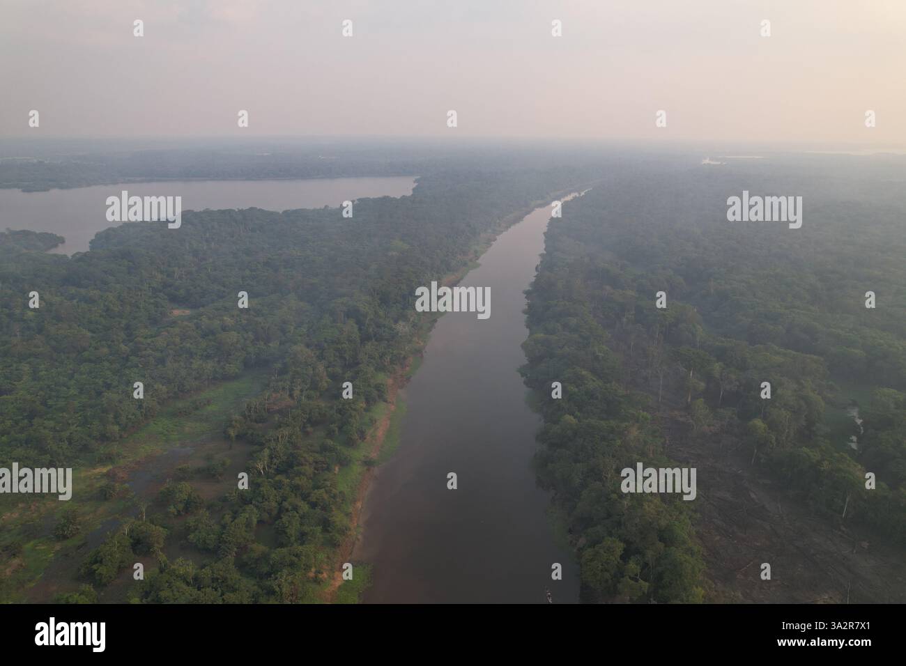 Vast river winding through lush rainforest landscape in a remote area ...