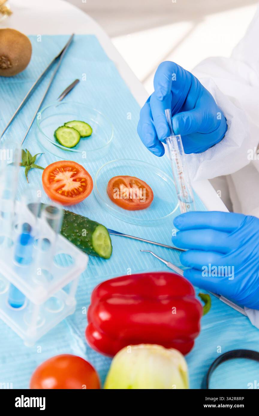 laboratory testing of different food products. Selective focus. people ...
