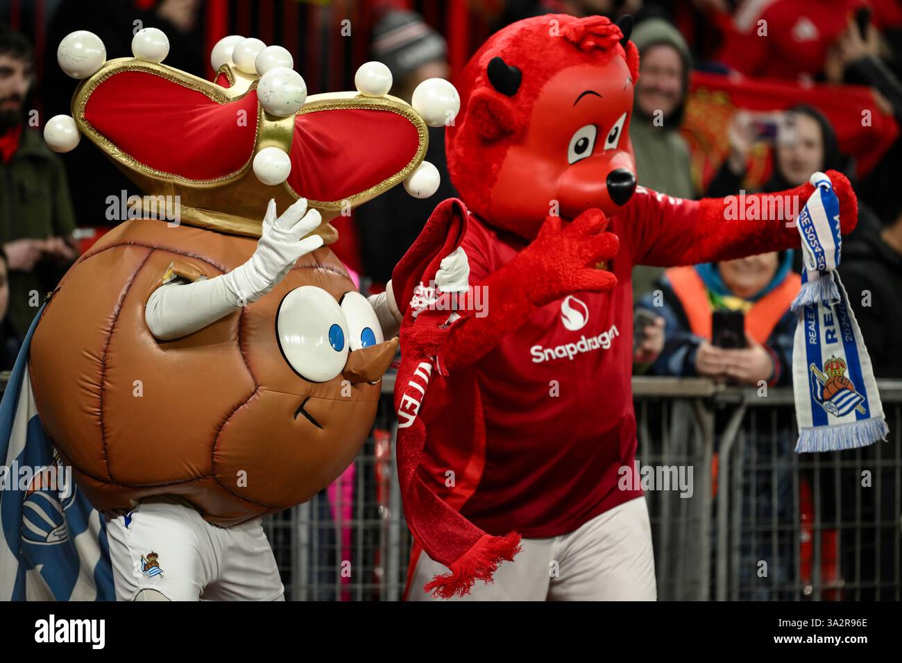 Manchester, UK. 13th Mar, 2025. Real Sociedad mascot Txurdin and Fred ...