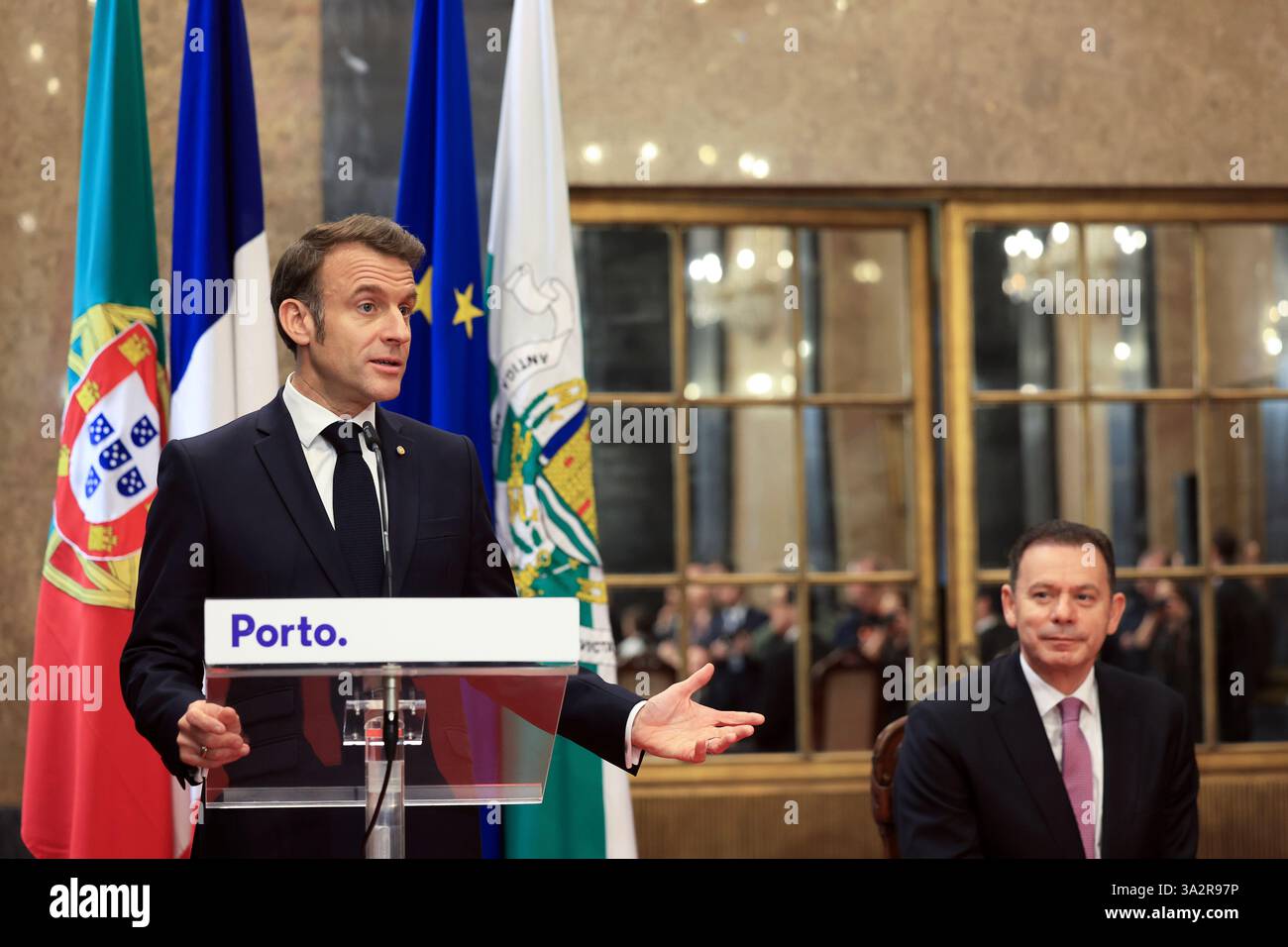 Portuguese Prime Minister Luis Montenegro, right, listens to French ...