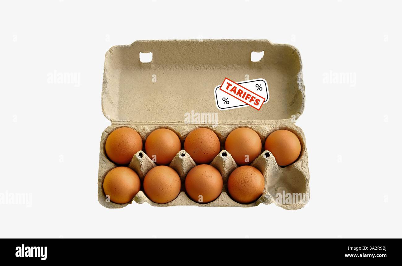 Tariff label, An open eggs tray with sticker, Trade tariffs concept ...