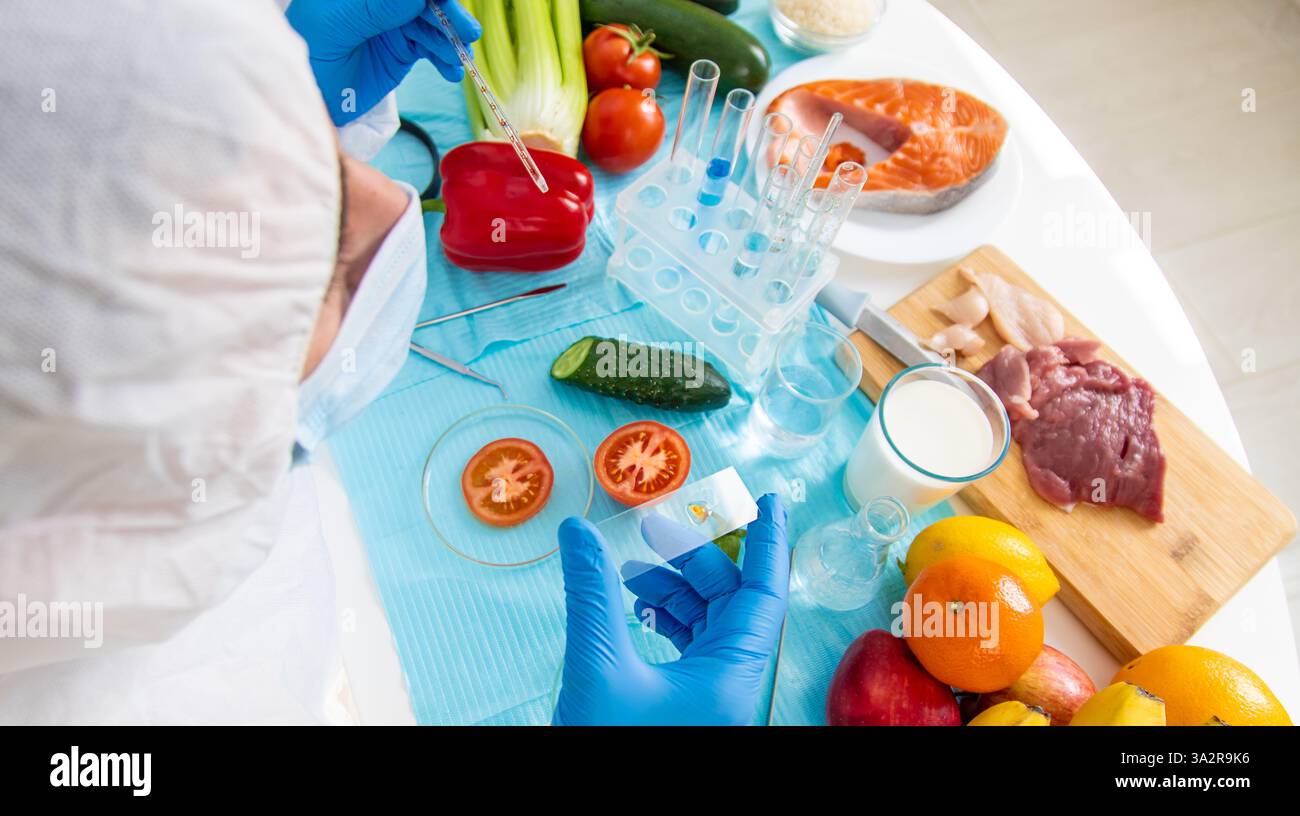 laboratory testing of different food products. Selective focus. people ...
