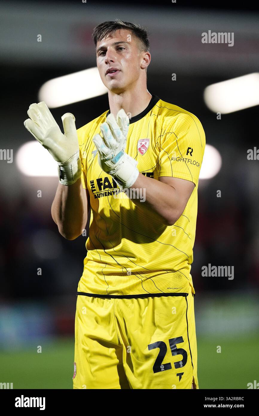 Morecambe goalkeeper Stuart Moore during the Sky Bet League Two match ...
