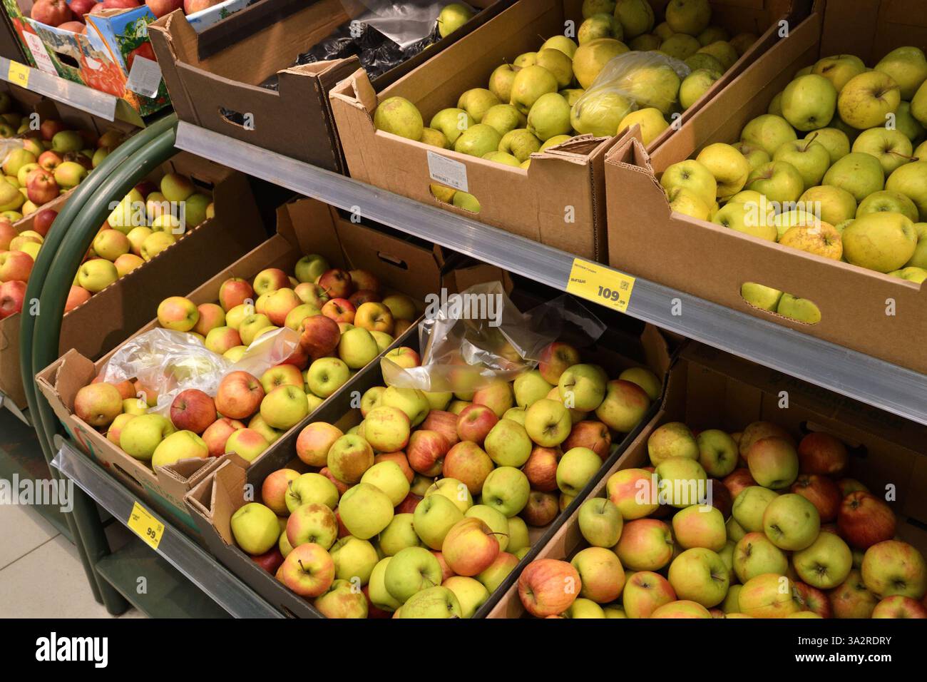 Moscow, Russia - APRIL 7. 2024. Fruits in the Magnit store - the ...