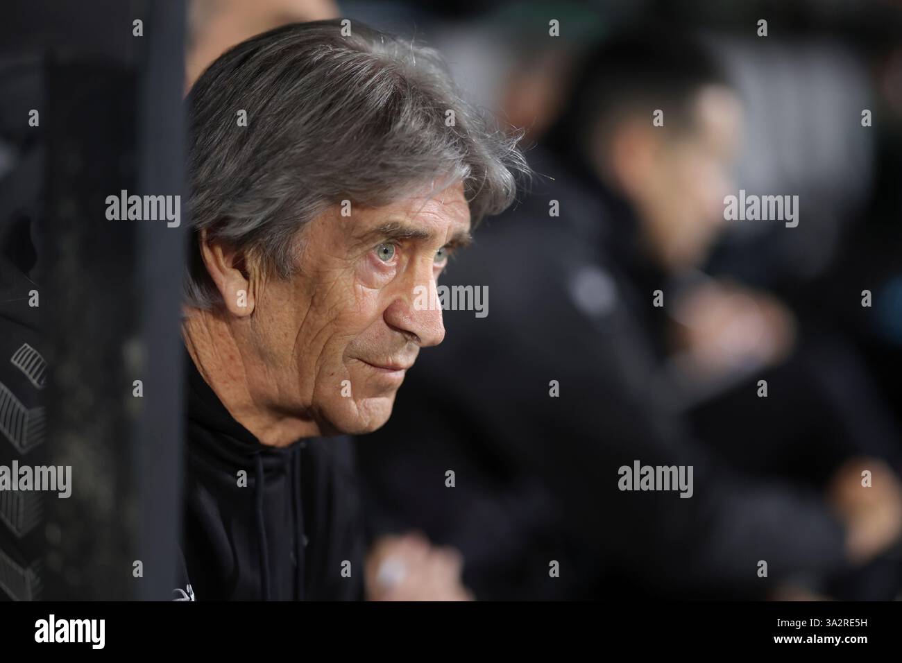 Betis' head coach Manuel Pellegrini sits on the bench before the Europa ...