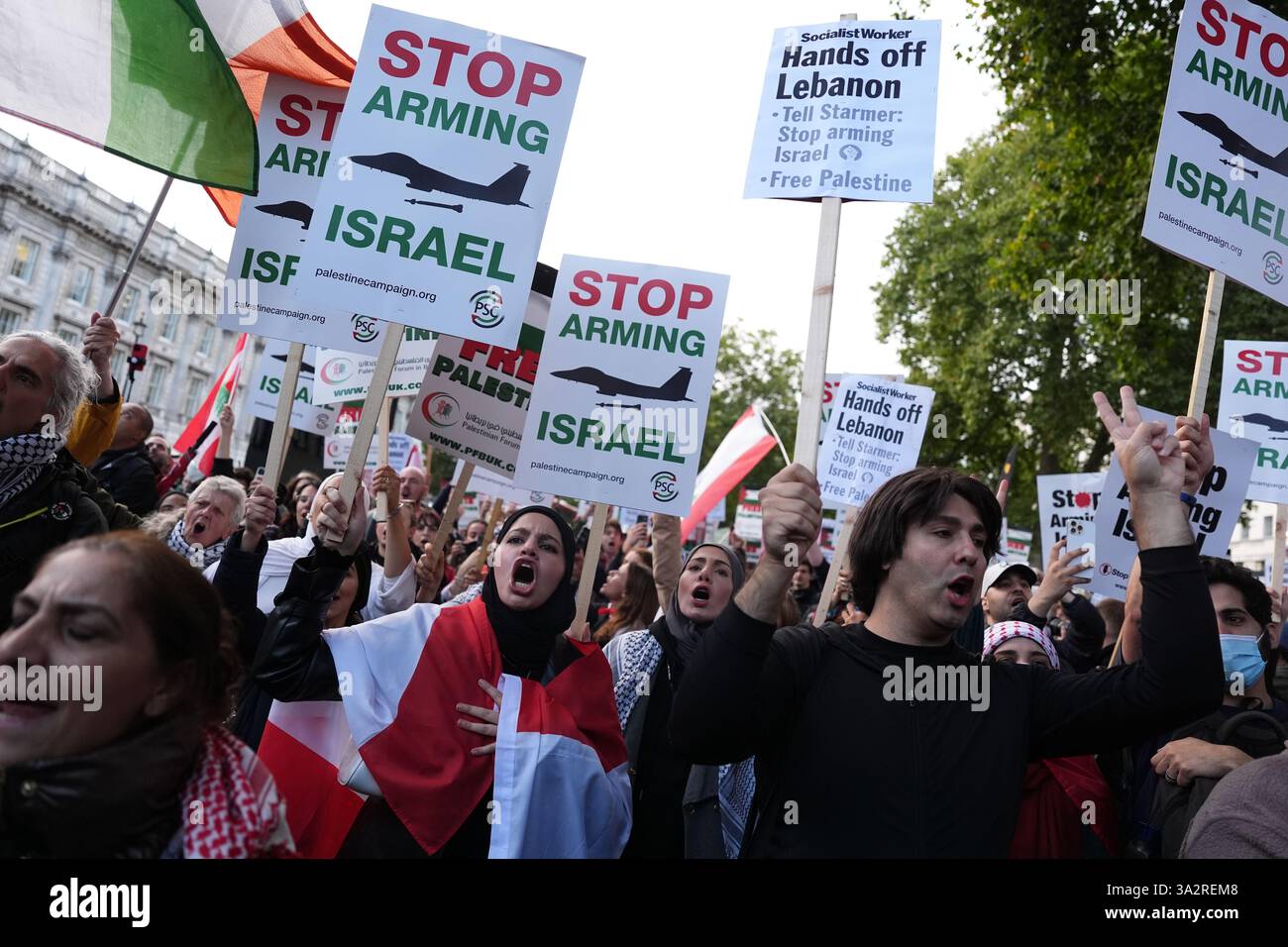 People during a pro-Palestine and pro-Lebanon protest on Whitehall in ...