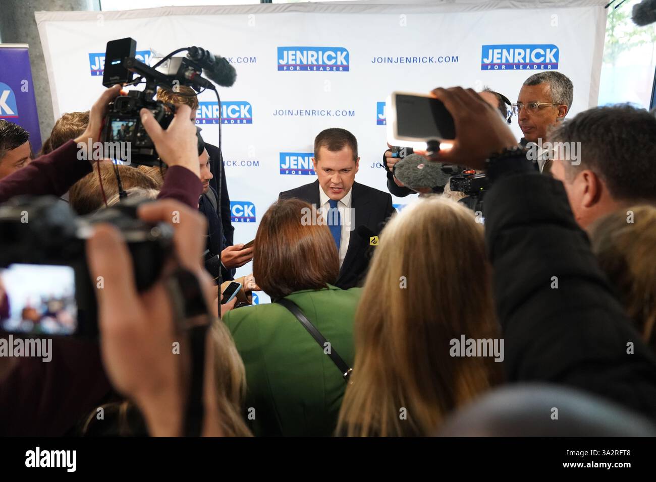Leadership contender Robert Jenrick speaks to media during the ...