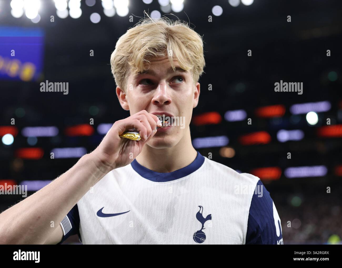 London, England, 13th March 2025. Lucas Bergvall of Tottenham during ...