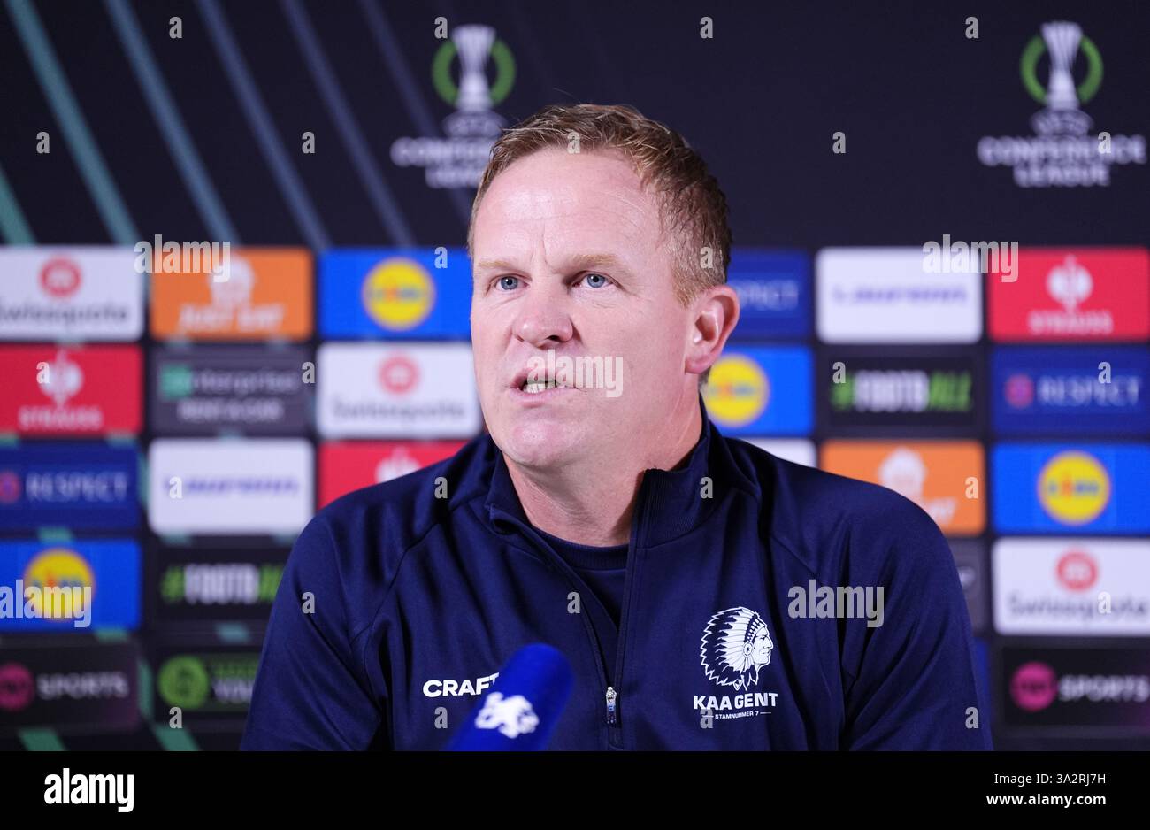 Gent manager Wouter Vrancken during a press conference at Stamford ...