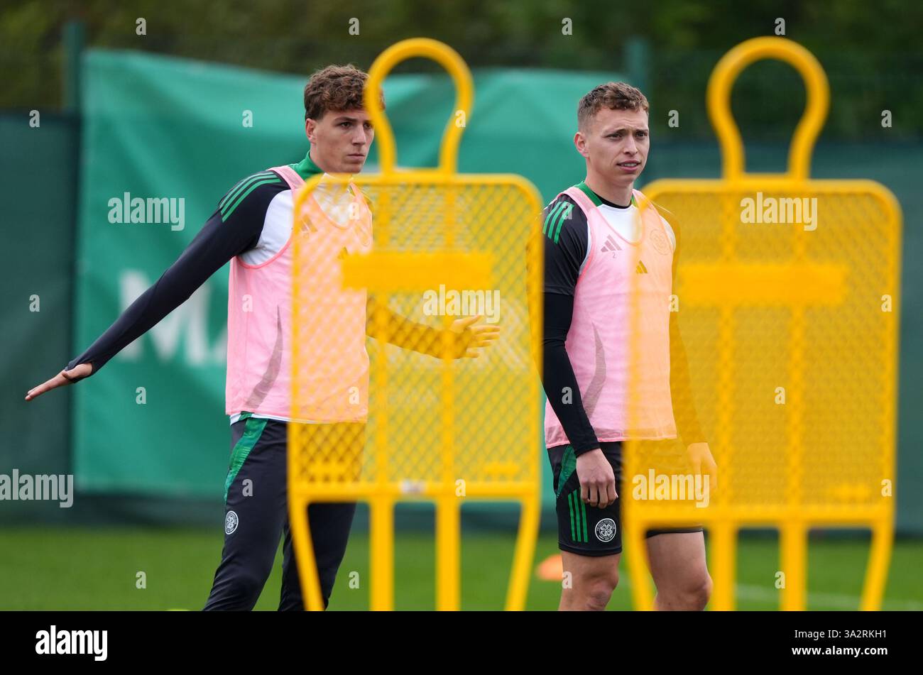 Celtic's Arne Engels (left) and Alistair Johnston during a training ...