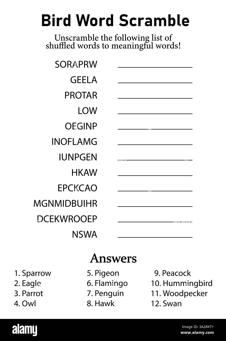 Birds Word Scramble and Puzzle, Animals Leisure, Hobby and Fun ...