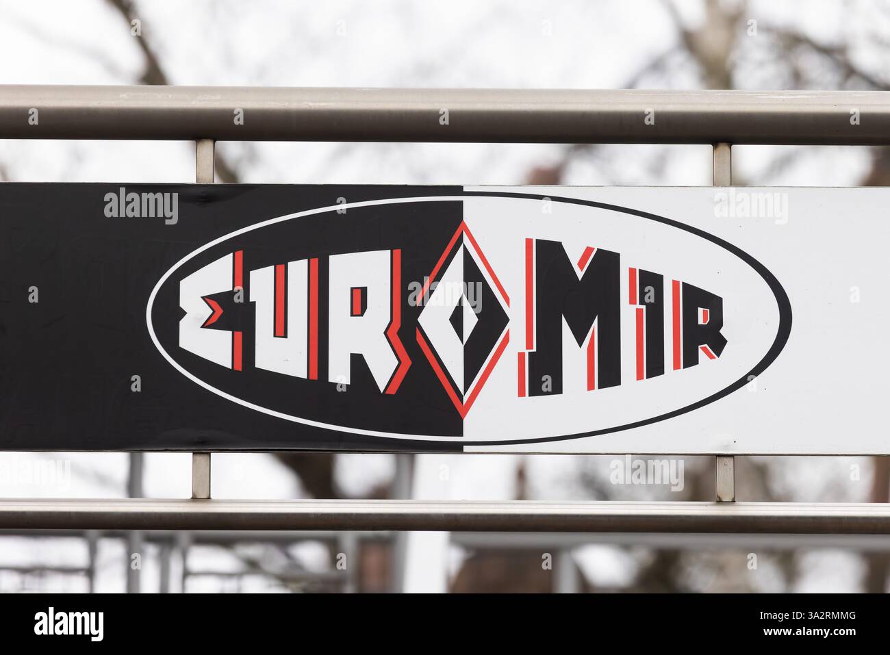 Rust, Germany. 13th Mar, 2025. A sign with the EuroMir roller coaster ...